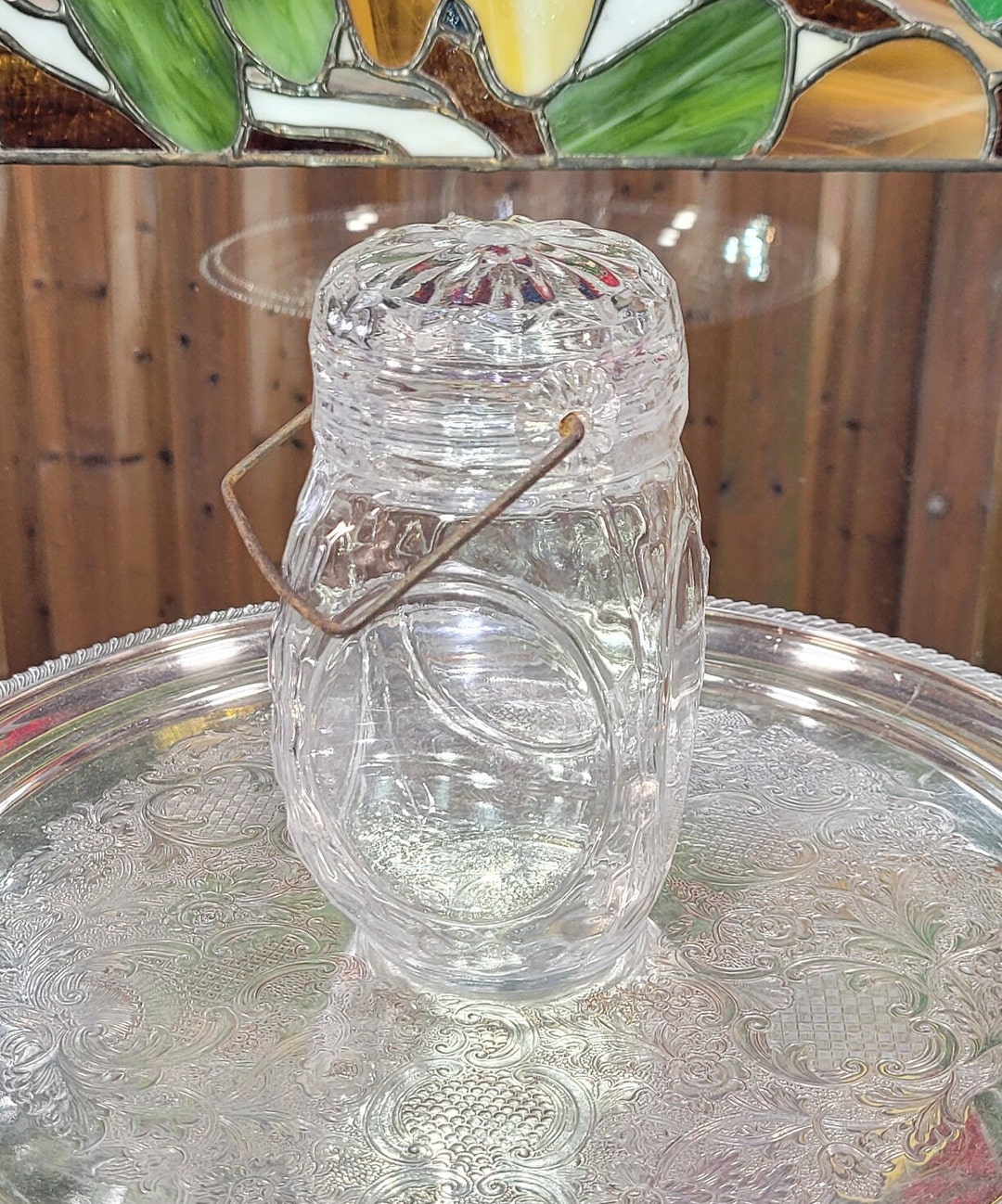 Antique Glass Candy Jar With Wire Handle - Elegant Four-sided Design ...