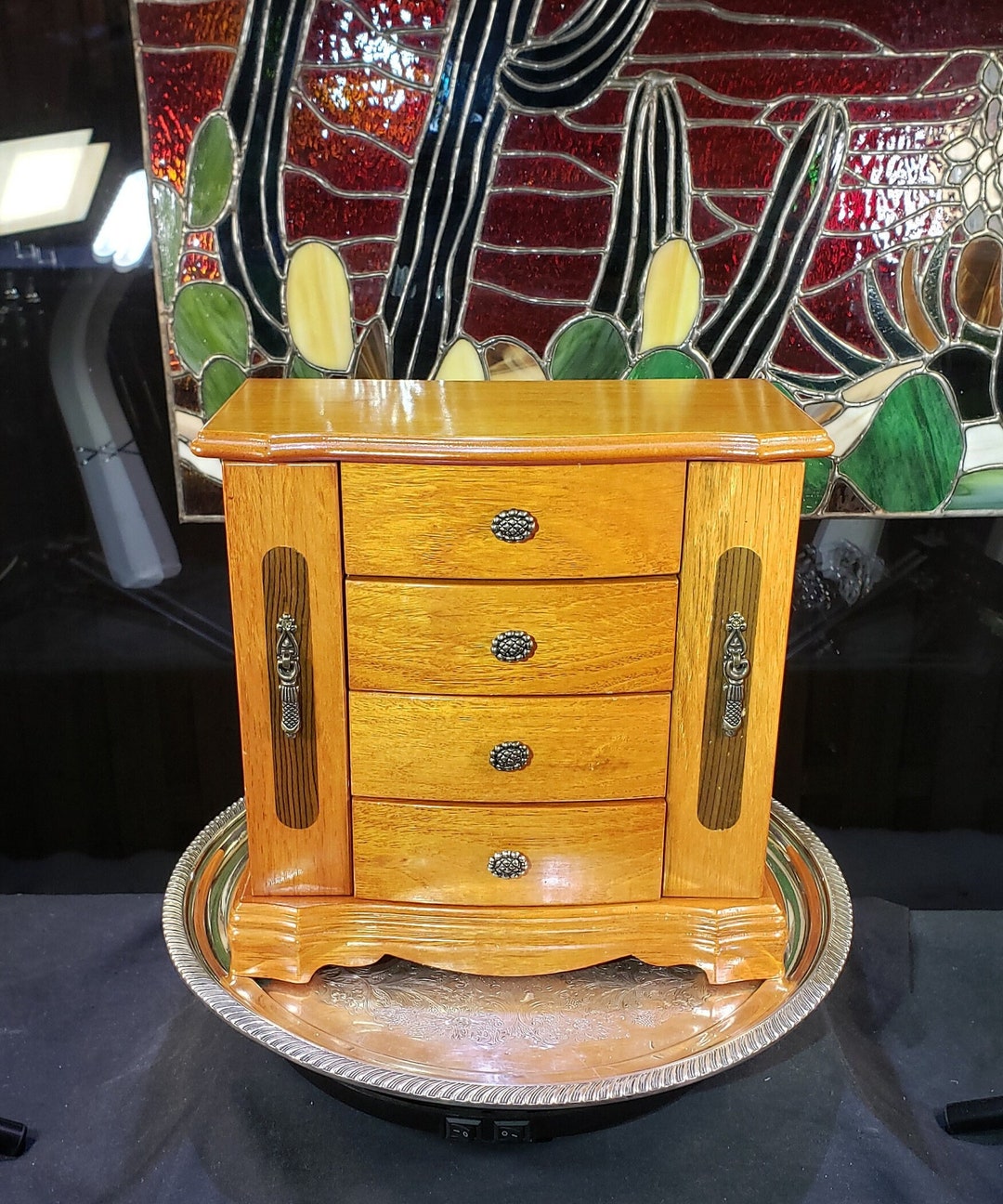 Vintage Wood Jewelry Box With Four Drawers & Two Swing Out Side Doors ...