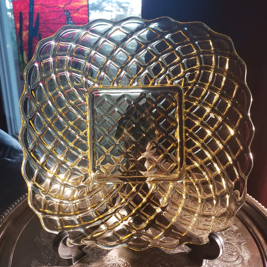 Vintage 9 Inch Square Diamond Pattern Tray - Yellow Glass - Very Nice ...