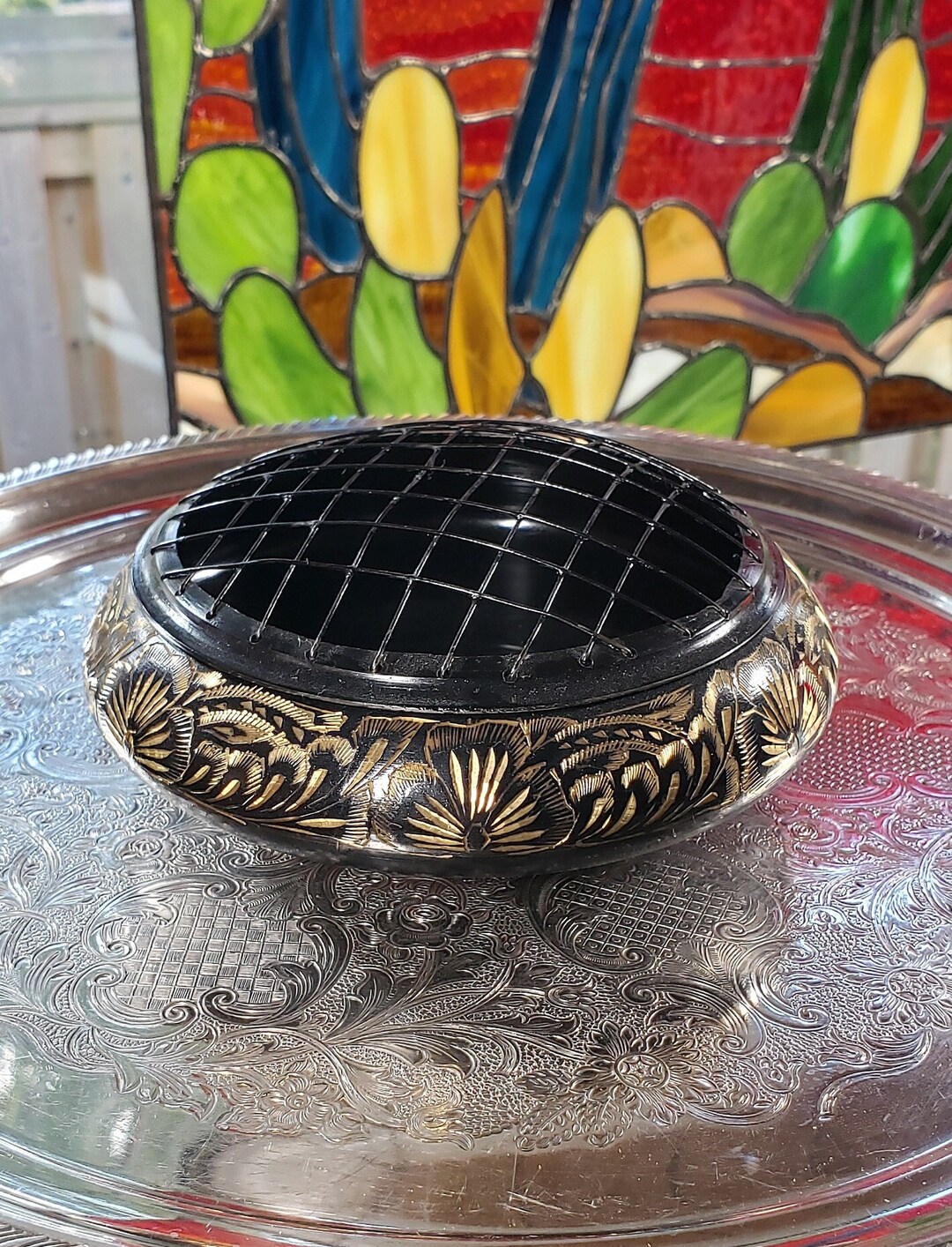 Carved Brass on Black Resin Screen Burner, Screen Incense Burner ...