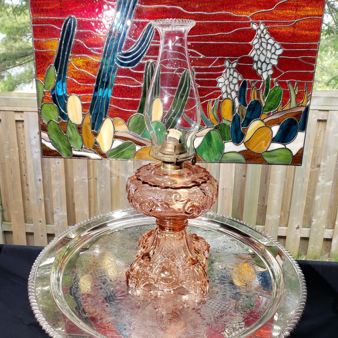 Vintage Pink Glass Oil Lamp, Floral Embossed Kerosene Lamp, Farmhouse ...
