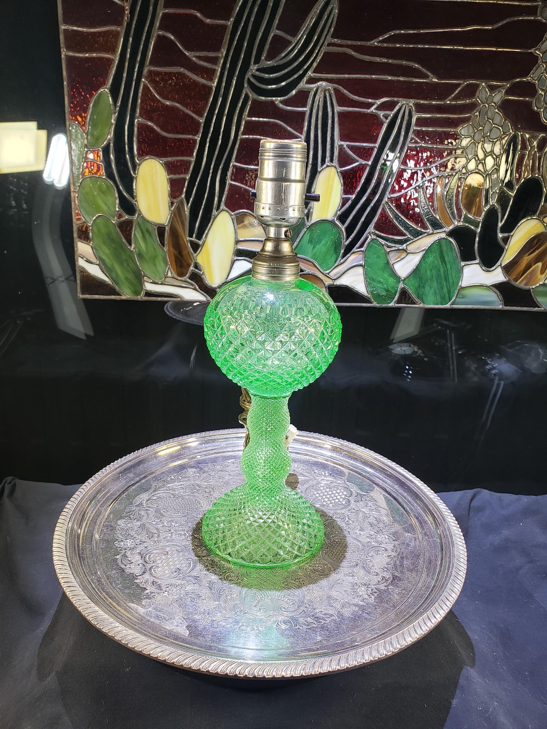 Antique Westmoreland Diamond Glass Lamp: 1930s Uranium Glowing Table ...