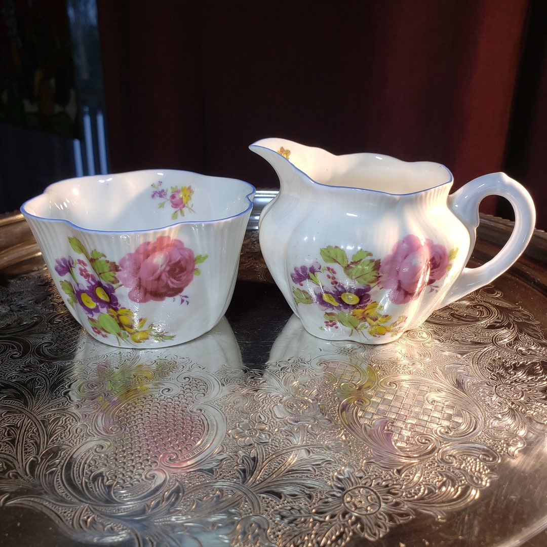 Shelley Pink Rose Purple Flowers Cream & Sugar Set - Blue Trim ...