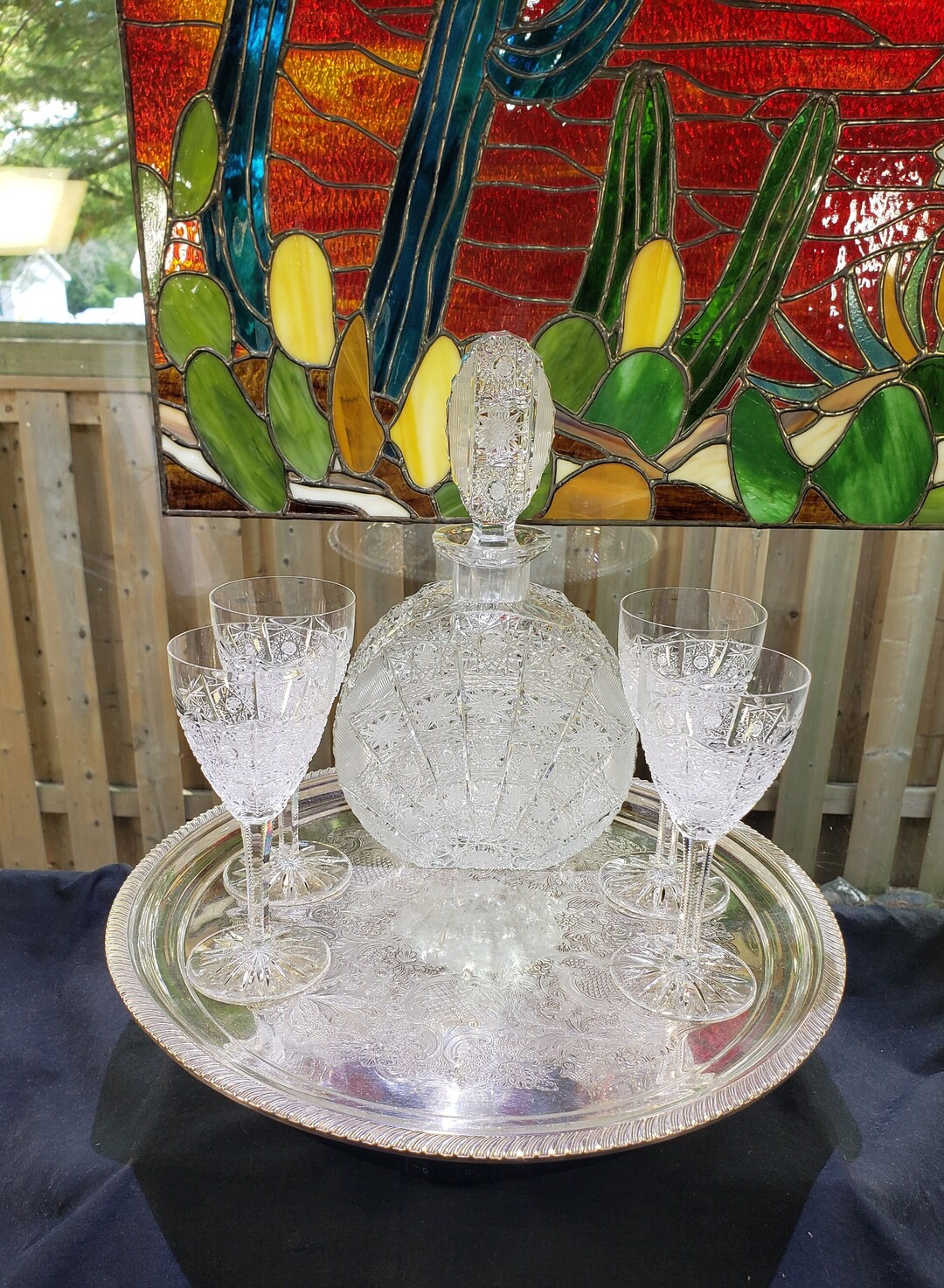 Vintage Fine Cut Queens Lace Disk Shape Decanter and Four Wine Glasses ...