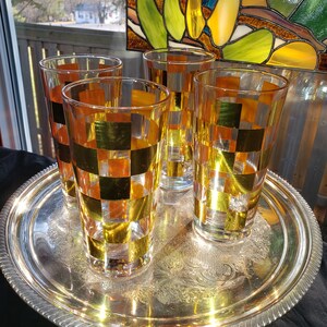 Vintage MCM Gold Checker Pattern Weighted Drinking Glasses - Retro ...