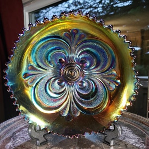 Imperial Glass - Scroll Embossed Carnival Glass Bowl - Purple Base and ...