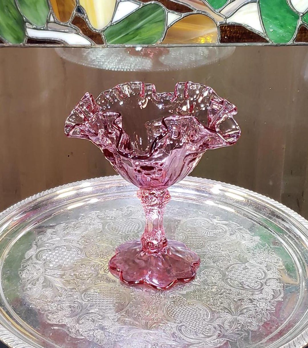 Fenton Glass Vintage Cabbage Rose Ruffled Comport - Dusty Rose Color ...