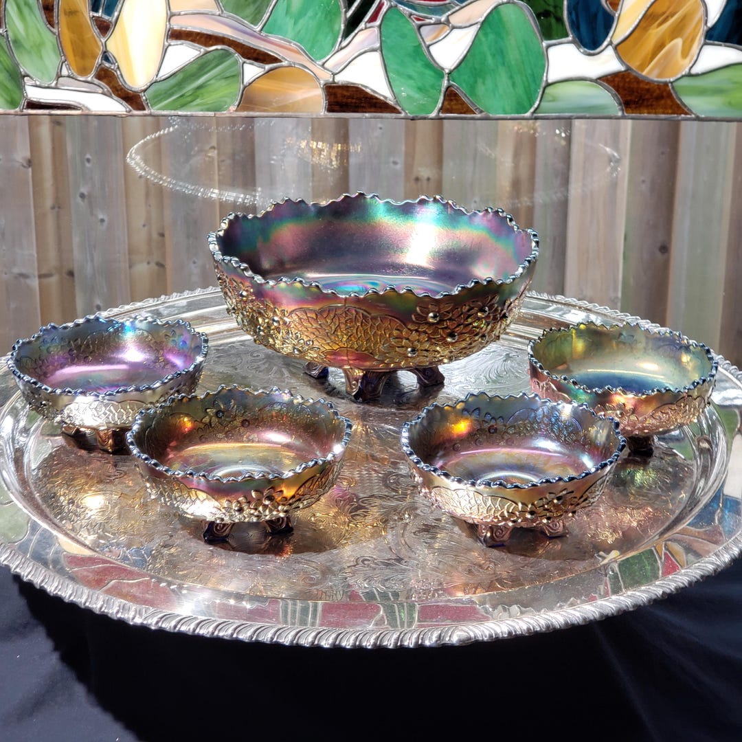 Fenton Orange Tree Carnival Glass Master Berry Bowl Set, Iridescent ...