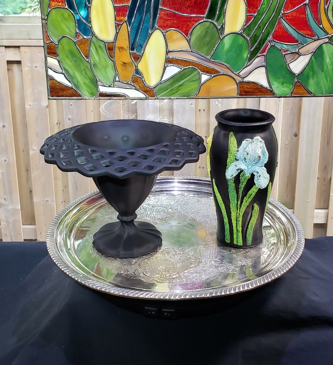Antique Tiffin Black Satin Poppy Pattern Slim Vase & Reticulated Bowl ...