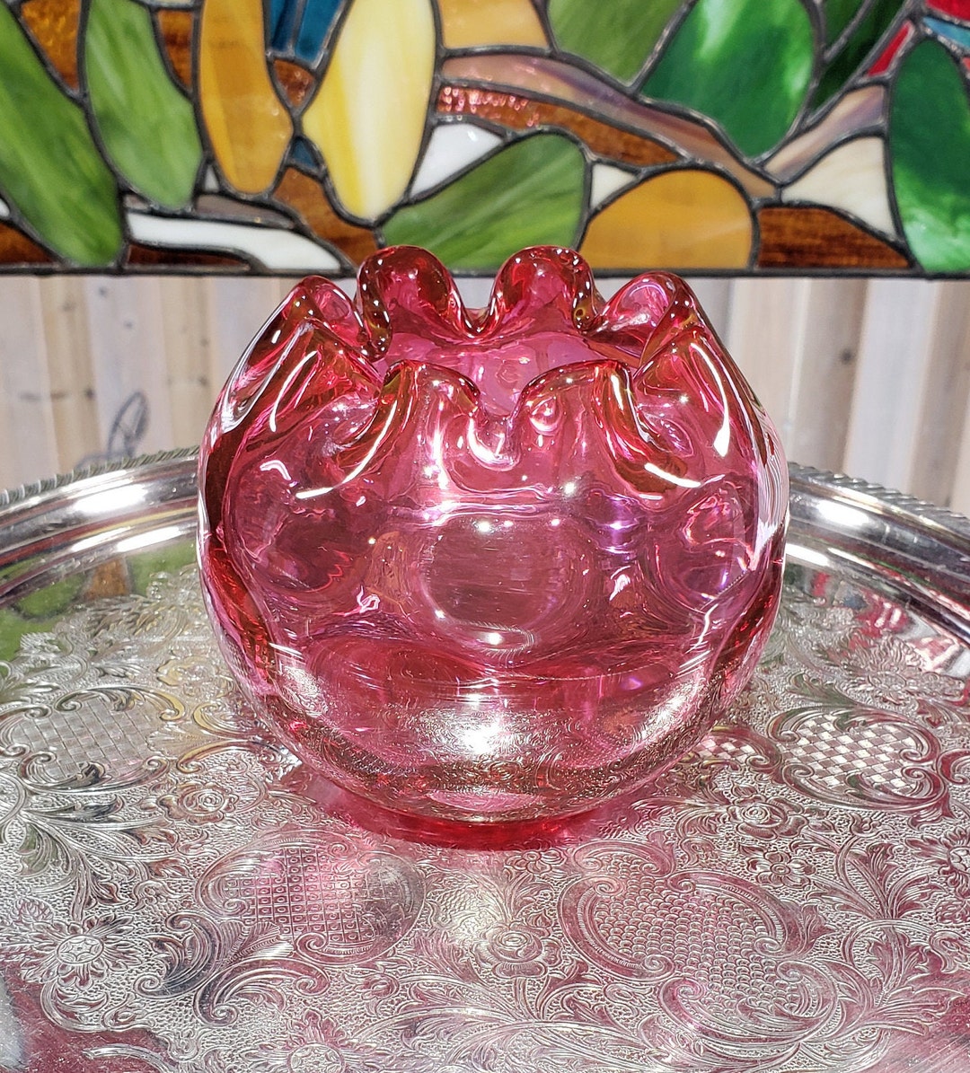 Vintage Cranberry Pink Coin Dot Rose Bowl - Art Glass Bowl, Vintage ...