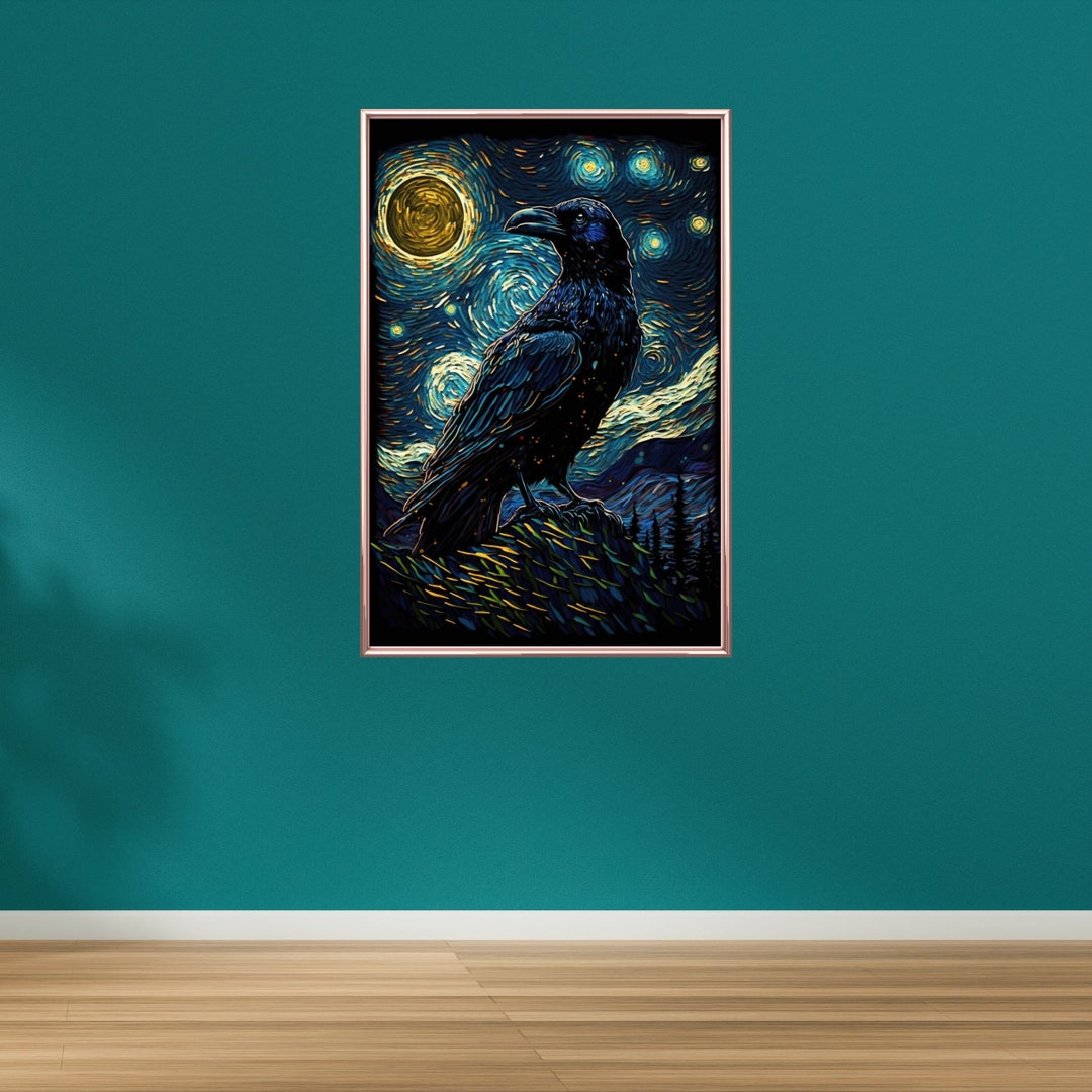 Starry Night Crow Art Print Impressionist Raven Wall Art Crowcore ...