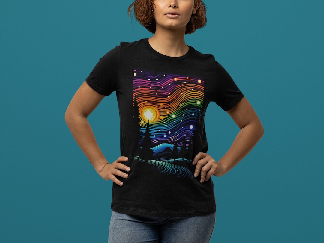 Gay Pride Linocut Shirt Queer Shirt Rainbow Starry Night LGBTQ Shirt ...