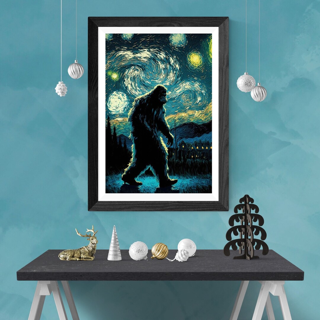 Starry Night Bigfoot Poster Cryptid Art Print Impressionist Sasquatch ...