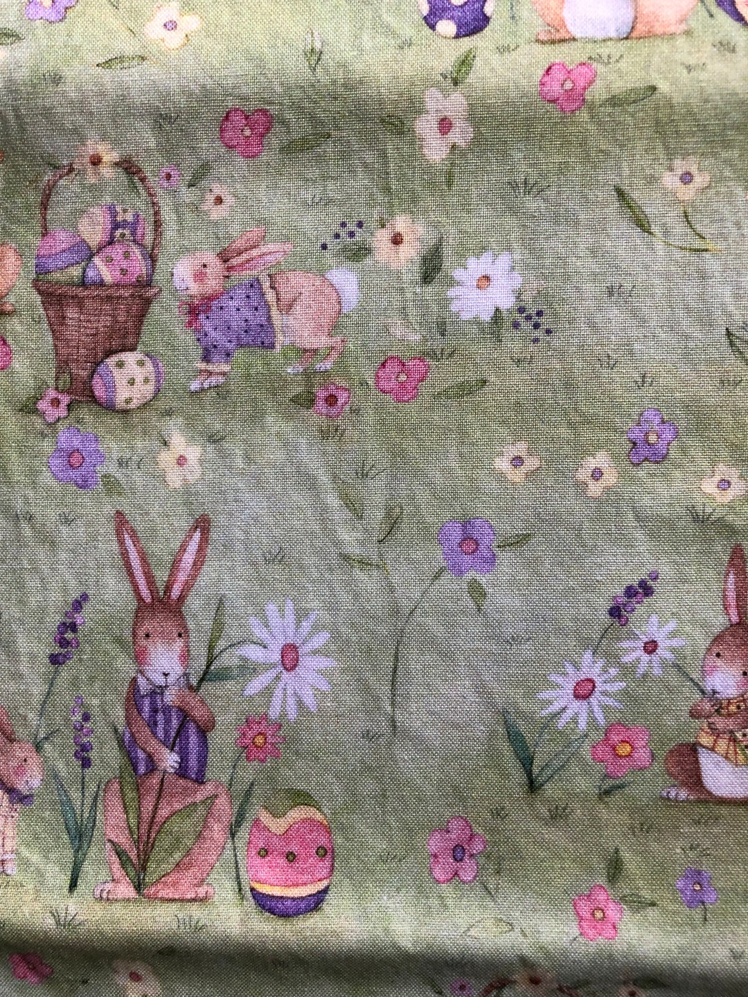 Easter Garden Bunnies Green Fabric, A Susan Winget Design, Premium ...