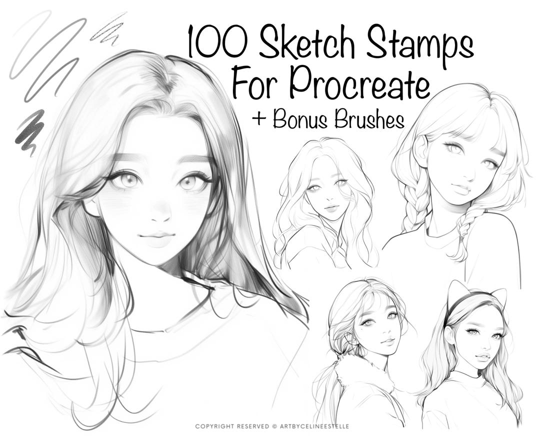 100 Sketch Portrait Procreate Brush Stamps, Procreat Head Base Brushset, Procreate Sketch ...