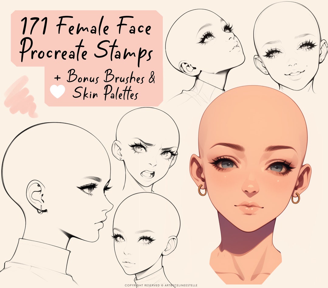 171 Female Base Head Procreate Stamps, Anime Female Face Stamps ...