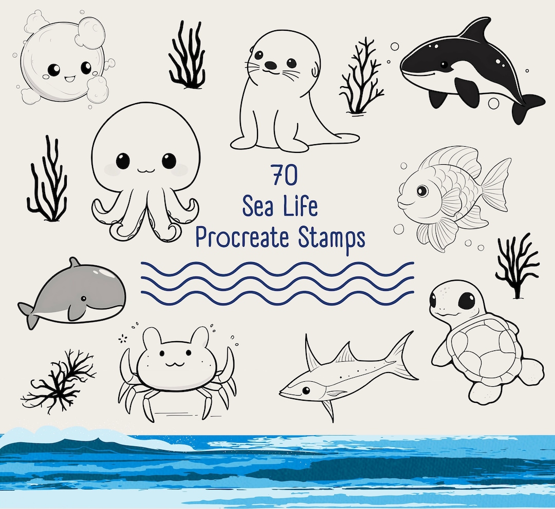 70 Sea Life Animals Stamps for Procreate, Cute Ocean Animals, Kawaii ...