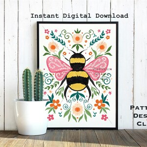 Floral Bee Folk Art Print, Woodland Insect Illustration, Honey Bee ...