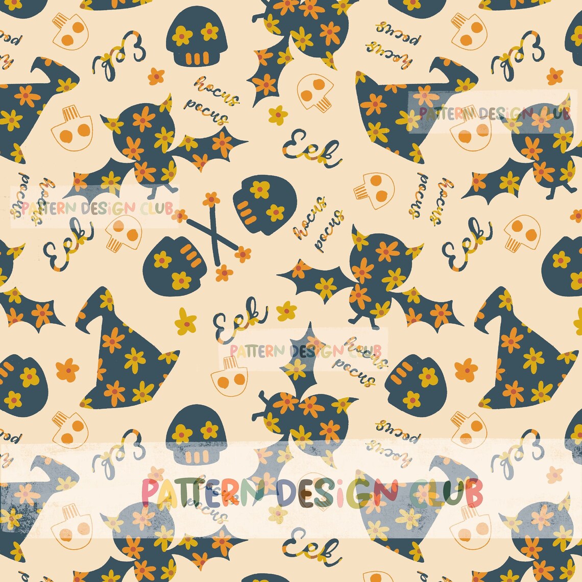 Retro Boho Halloween Seamless Pattern, Commercial Use, Fall Seamless ...