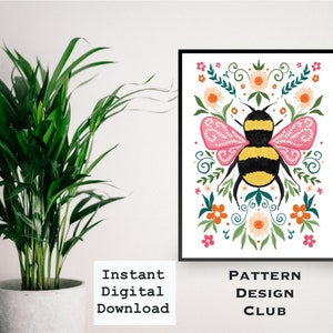 Floral Bee Folk Art Print, Woodland Insect Illustration, Honey Bee ...