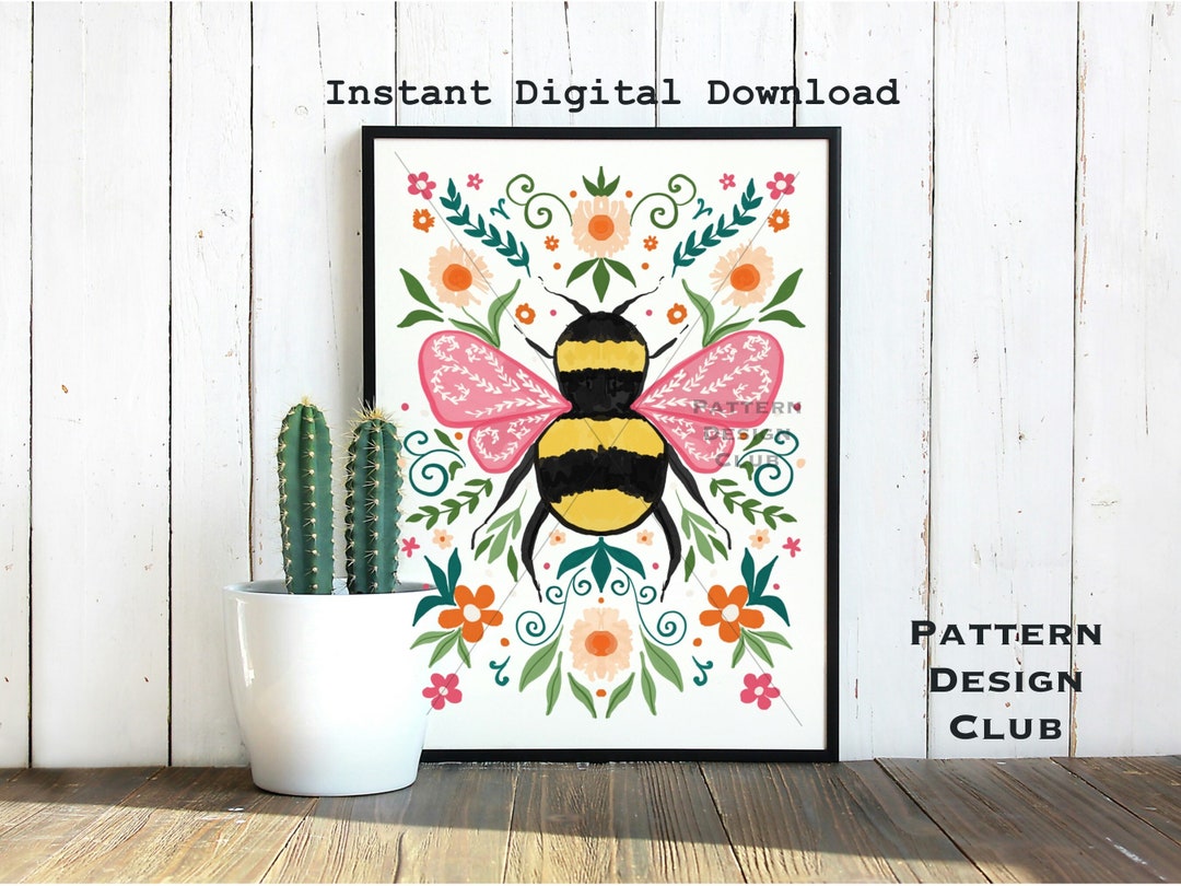 Floral Bee Folk Art Print, Woodland Insect Illustration, Honey Bee ...