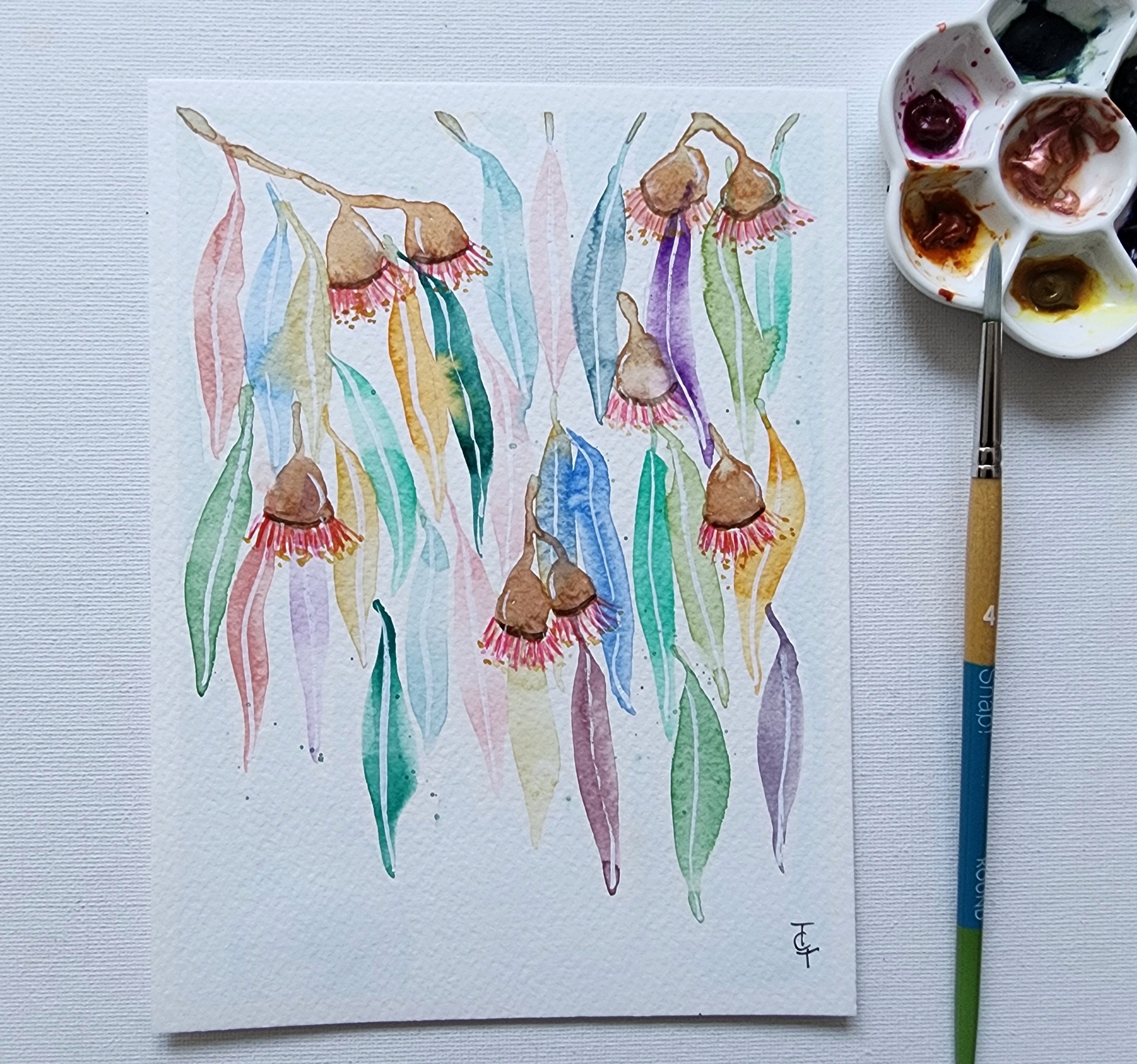 Original Watercolour Gum Leaf Painting, Abstract Botanical Art (6x8 In ...