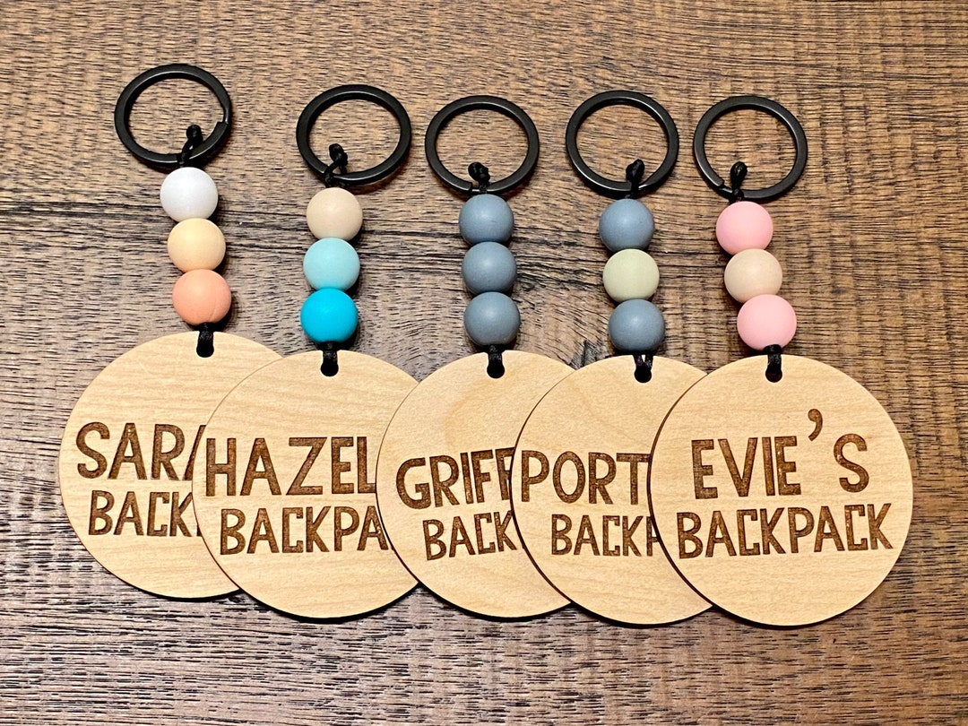 Personalized Kids Backpack Tag: Silicone Beads, Engraved Wood Tag - Etsy