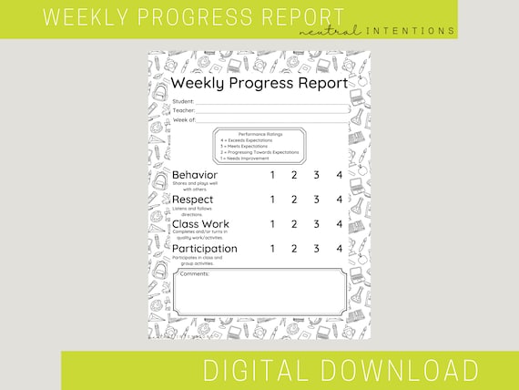 Weekly Progress Report Preschool Learning Student Report - Etsy