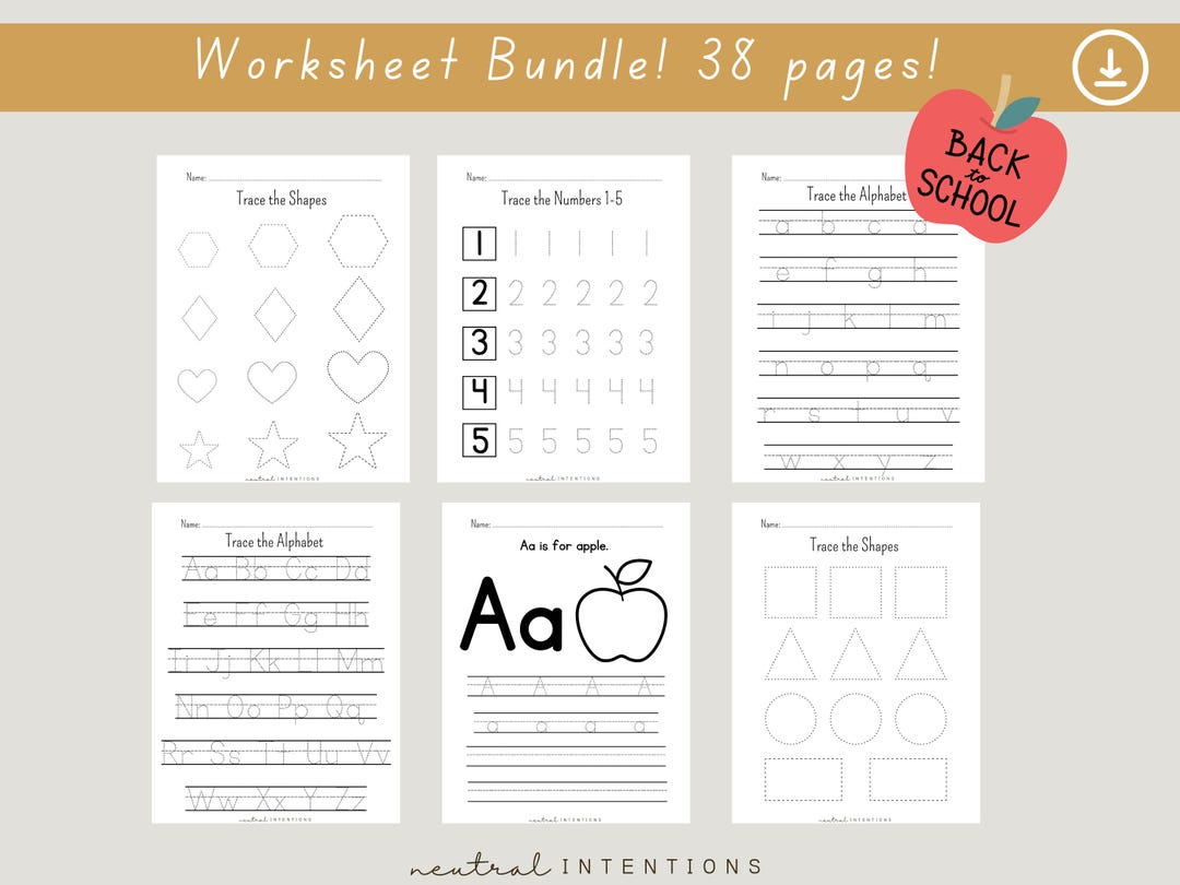 Tracing Worksheet Bundle – Alphabet, Numbers 1–20 & Shapes | 38 ...