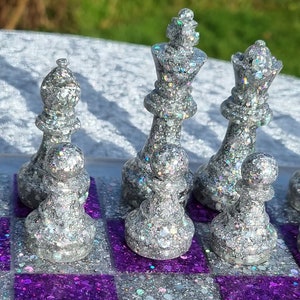 Holographic Purple and Silver Glitter Hand Made Unique Full Chess Set ...