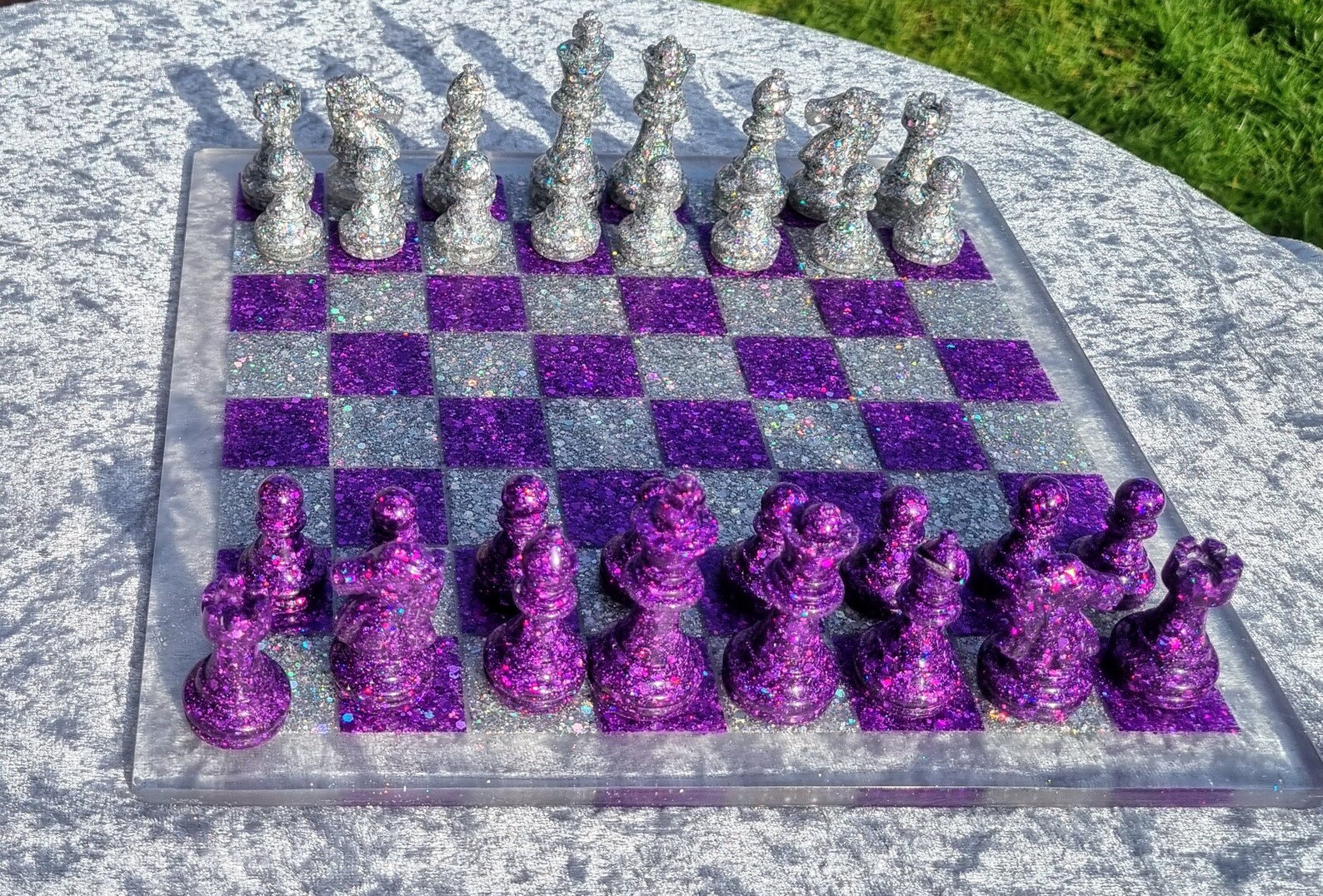 Holographic Purple and Silver Glitter Hand Made Unique Full Chess Set ...