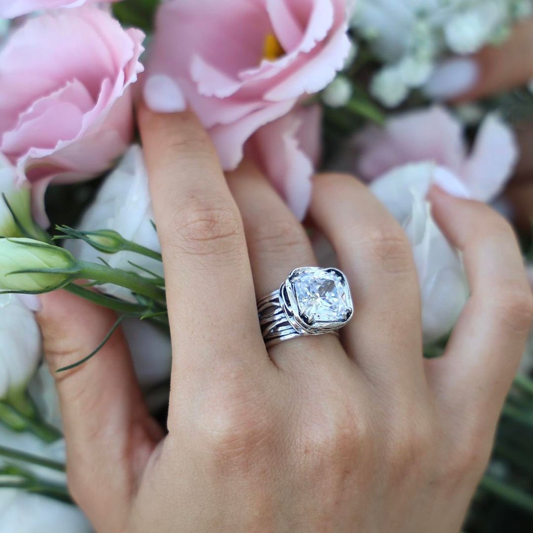 Wire Wrap CZ Ring, 925 Silver Ring, Chunky Silver Rings, Statement Ring ...