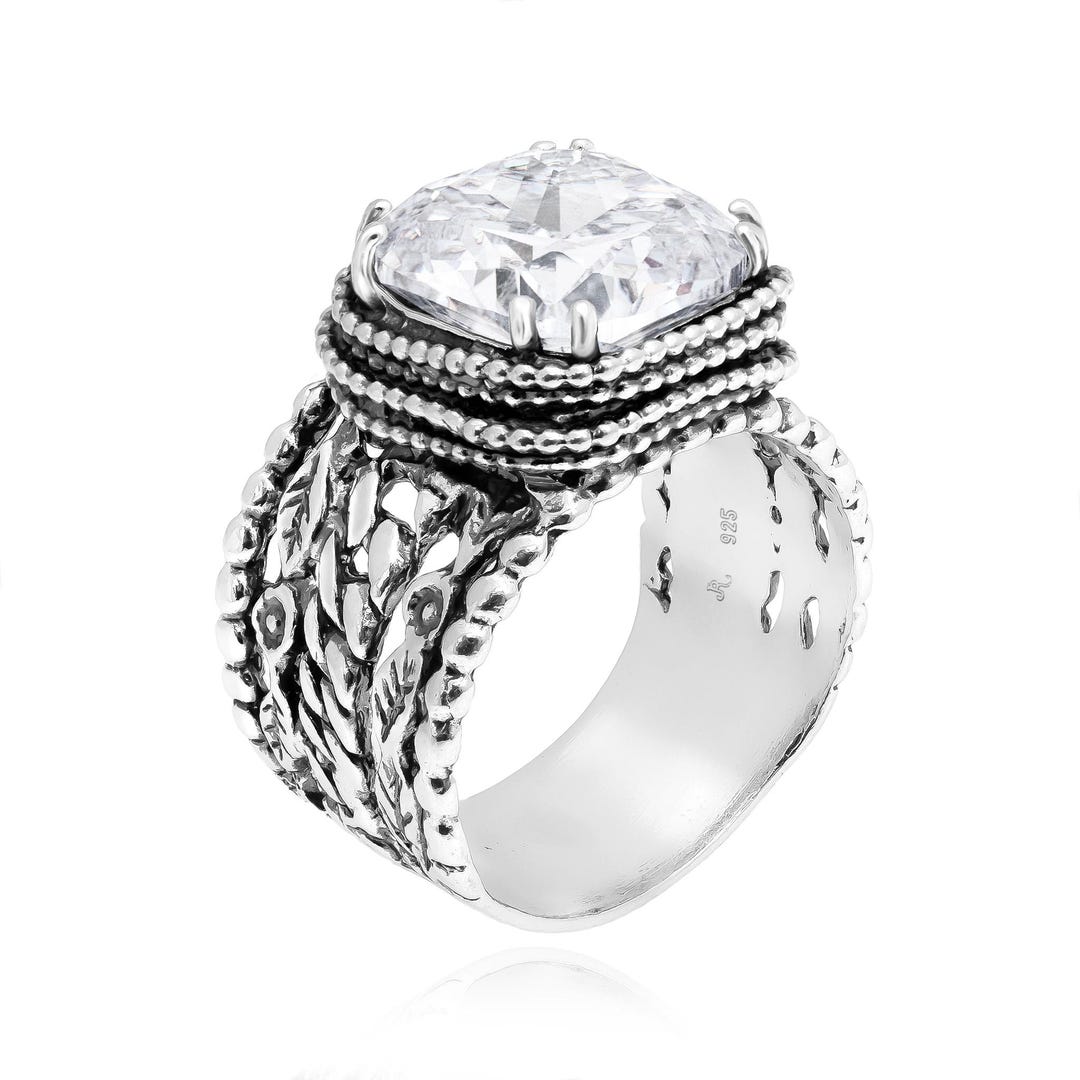 Sterling Silver Bead Ring, Braid Leaf Ring, Statement CZ Ring, Multi ...