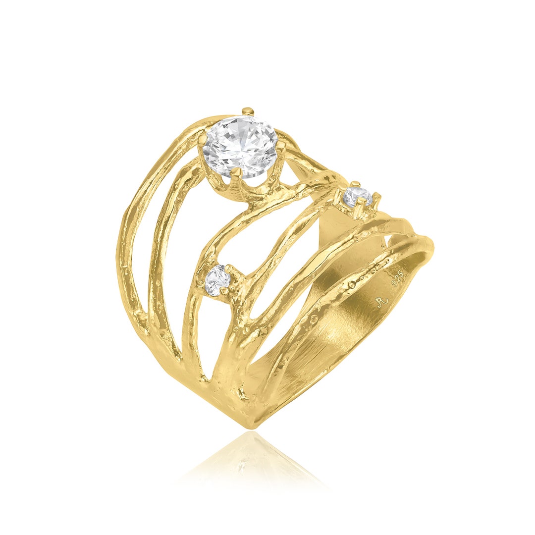 CZ Wire Wrapped Ring, Unique Multi Strand Ring, Gold Statement Ring ...