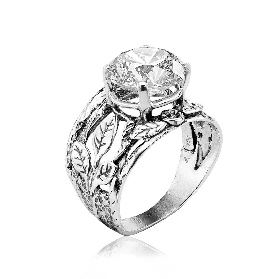 Floating CZ Leaf Ring, Sterling Silver Leaf Ring, Leaf Band Ring ...