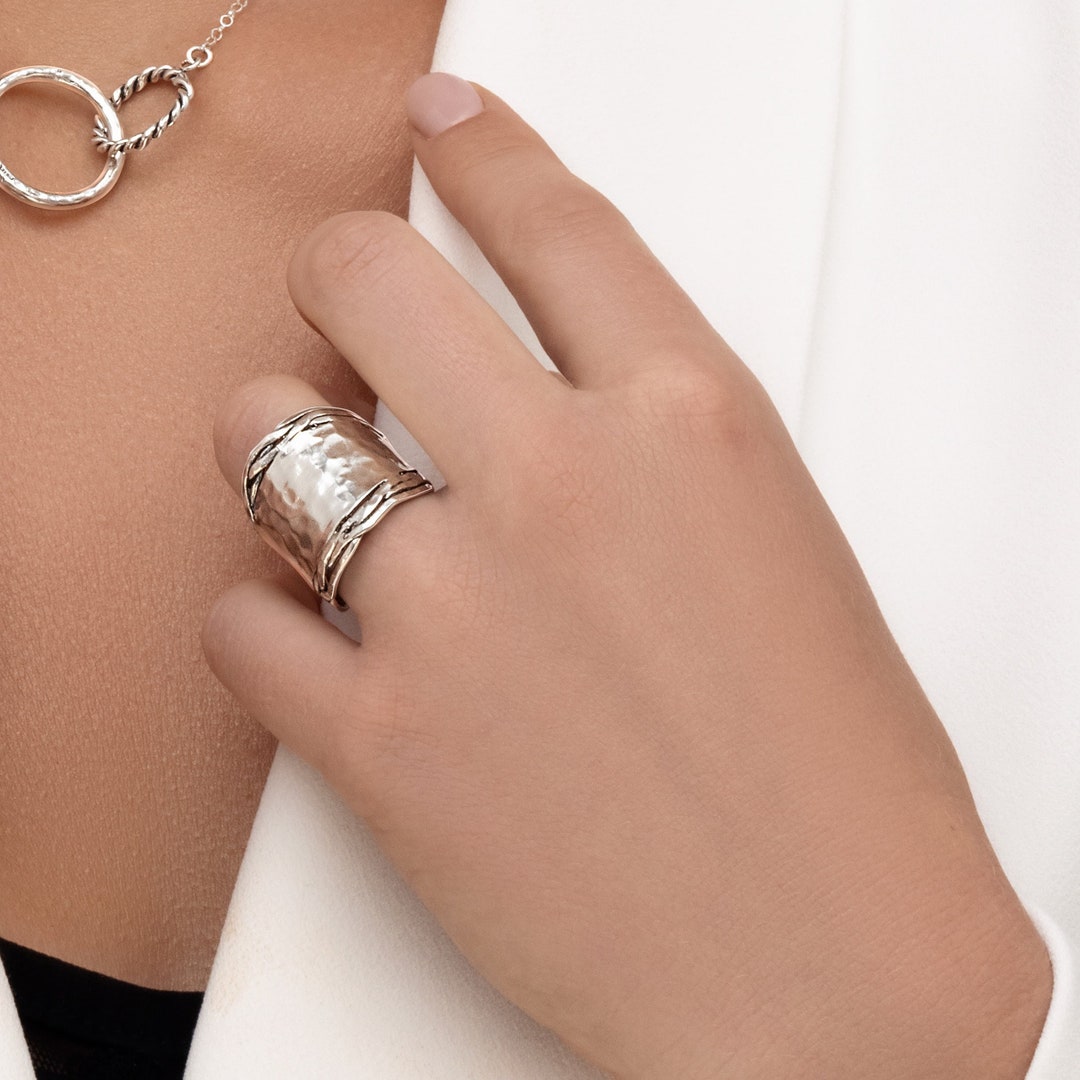 Hammered Silver Ring, Wide Sterling Silver Ring, Shield Ring, Thick ...