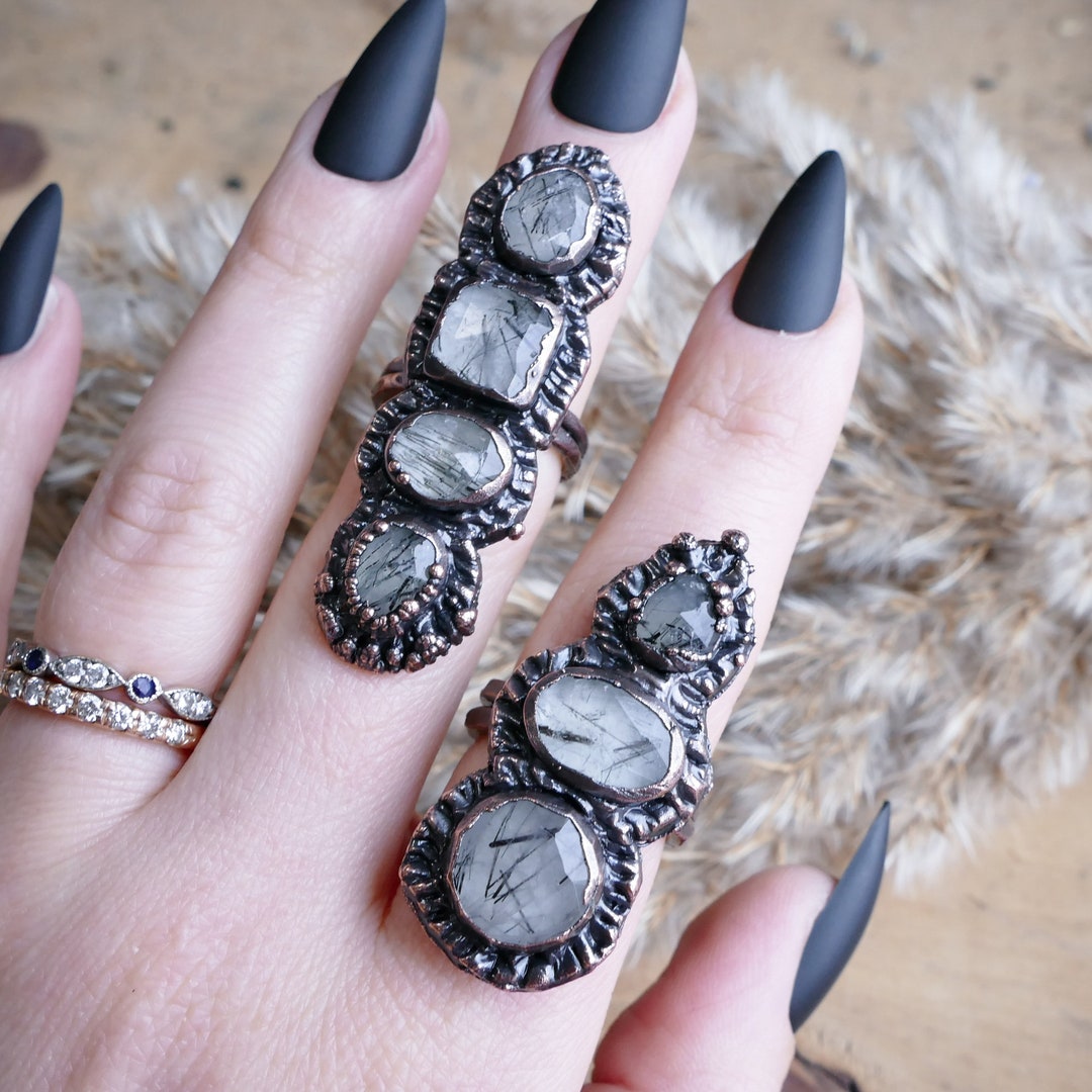 Black Rutile Quartz Statement Ring, Gothic Witchy Women's Ring, Dark ...