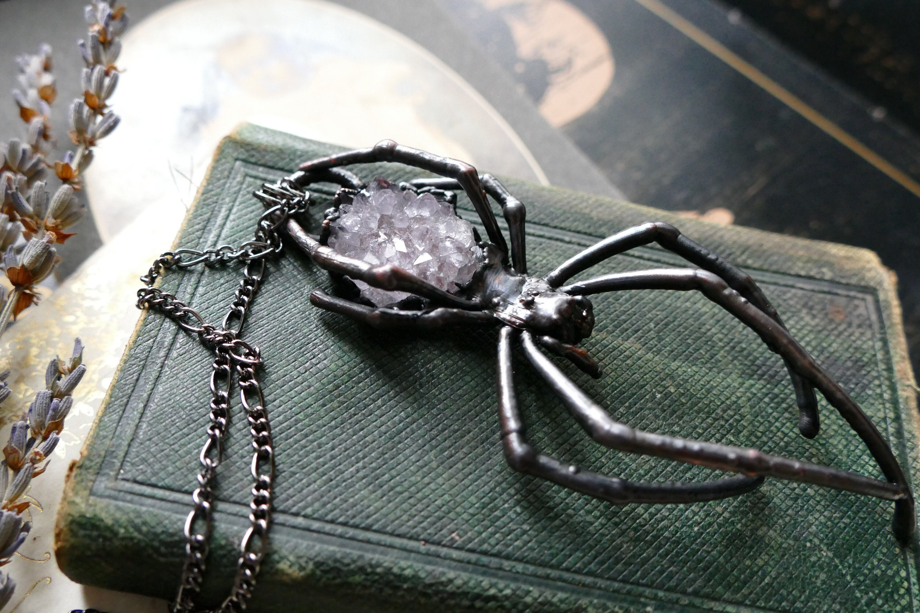 Lavender Amethyst Orb Weaver Spider Necklace