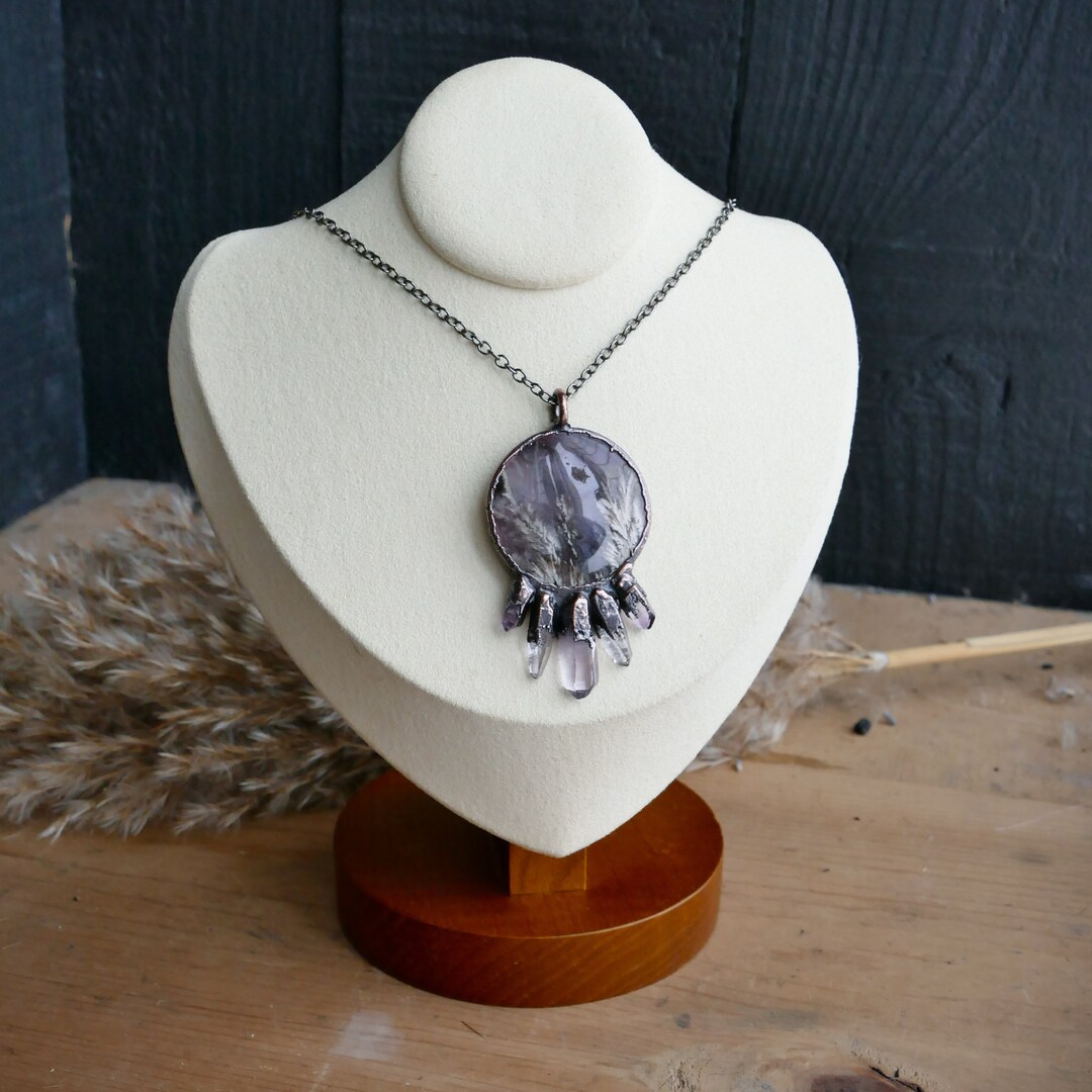 Plume Agate & Amethyst Crystal Necklace, Boho Witchy Women's Necklace ...