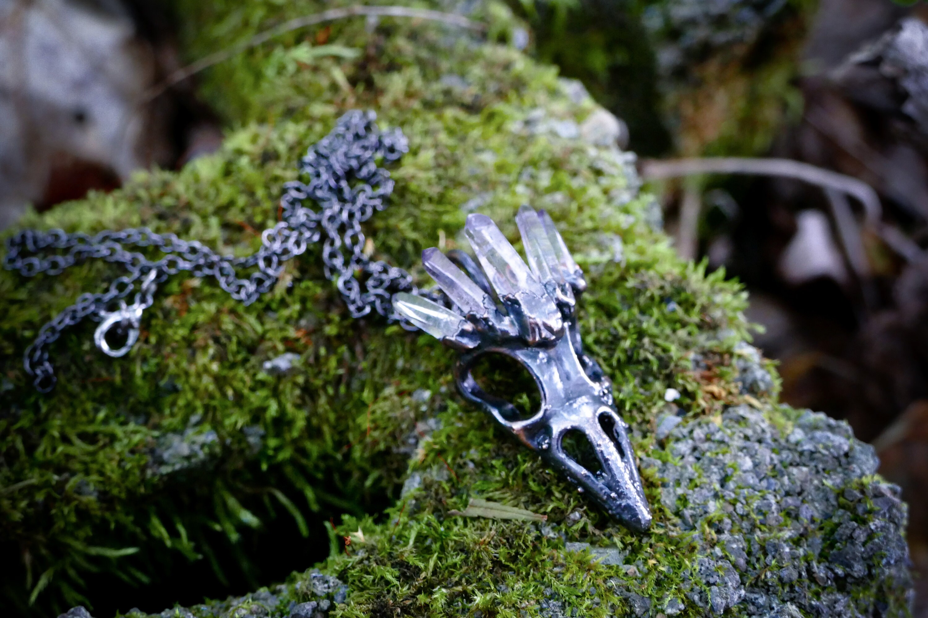 Crowned Amethyst Crystal Raven Skull Necklace