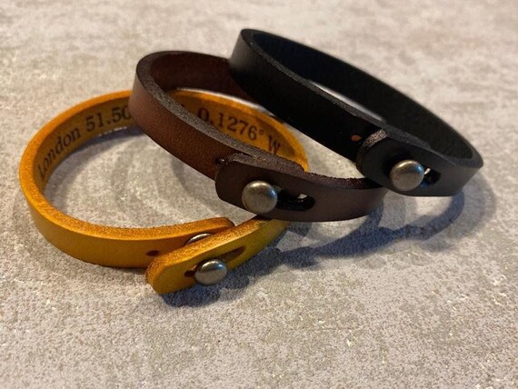 Personalised Leather Bracelet Premium Engraved Circle Clasp Leather Bracelet Handmade Unisex Bracelet Anniversary Gift for Him Etsy