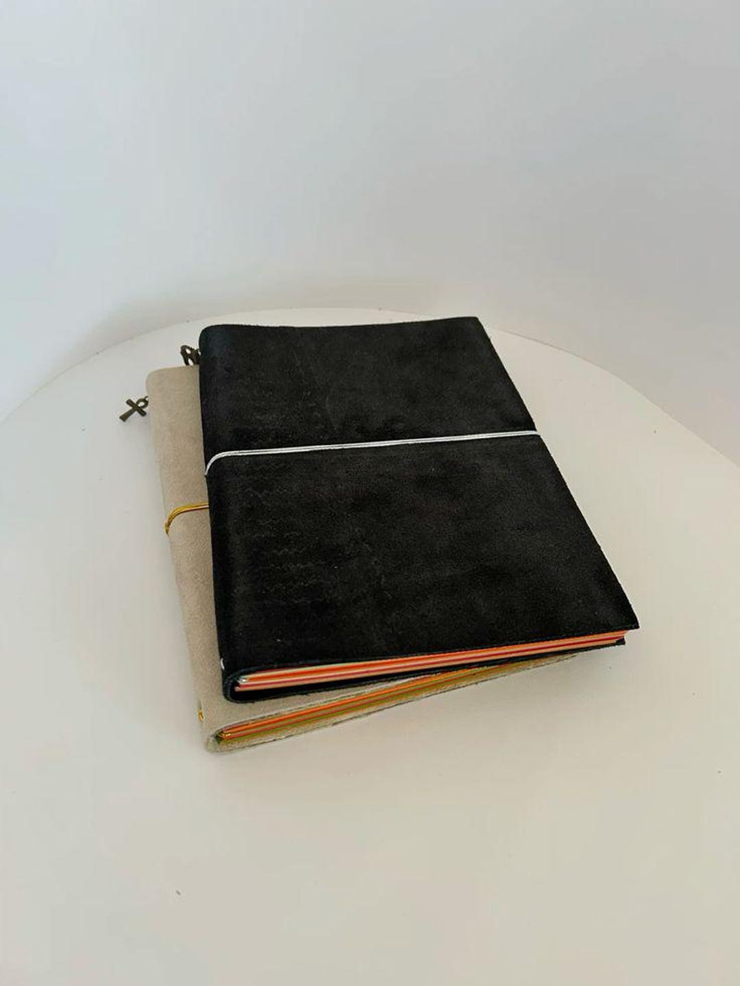 A5 Refillable Leather Notebook, Suede Leather, Black and White Colour ...