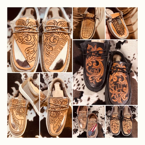Custom Tooled Leather Hey Dudes Hand Tooled Hey Dudes - Etsy