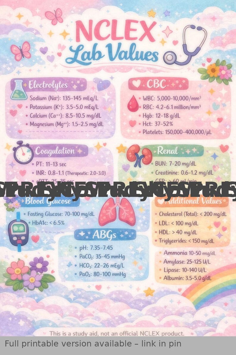 Nursing Lab Values Cheat Sheet – NCLEX Study Guide PDF - Etsy