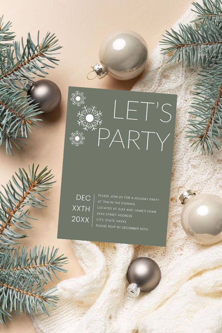 Winter Holiday Party Invitation Template - Green Snowflake (PDF or JPEG ...