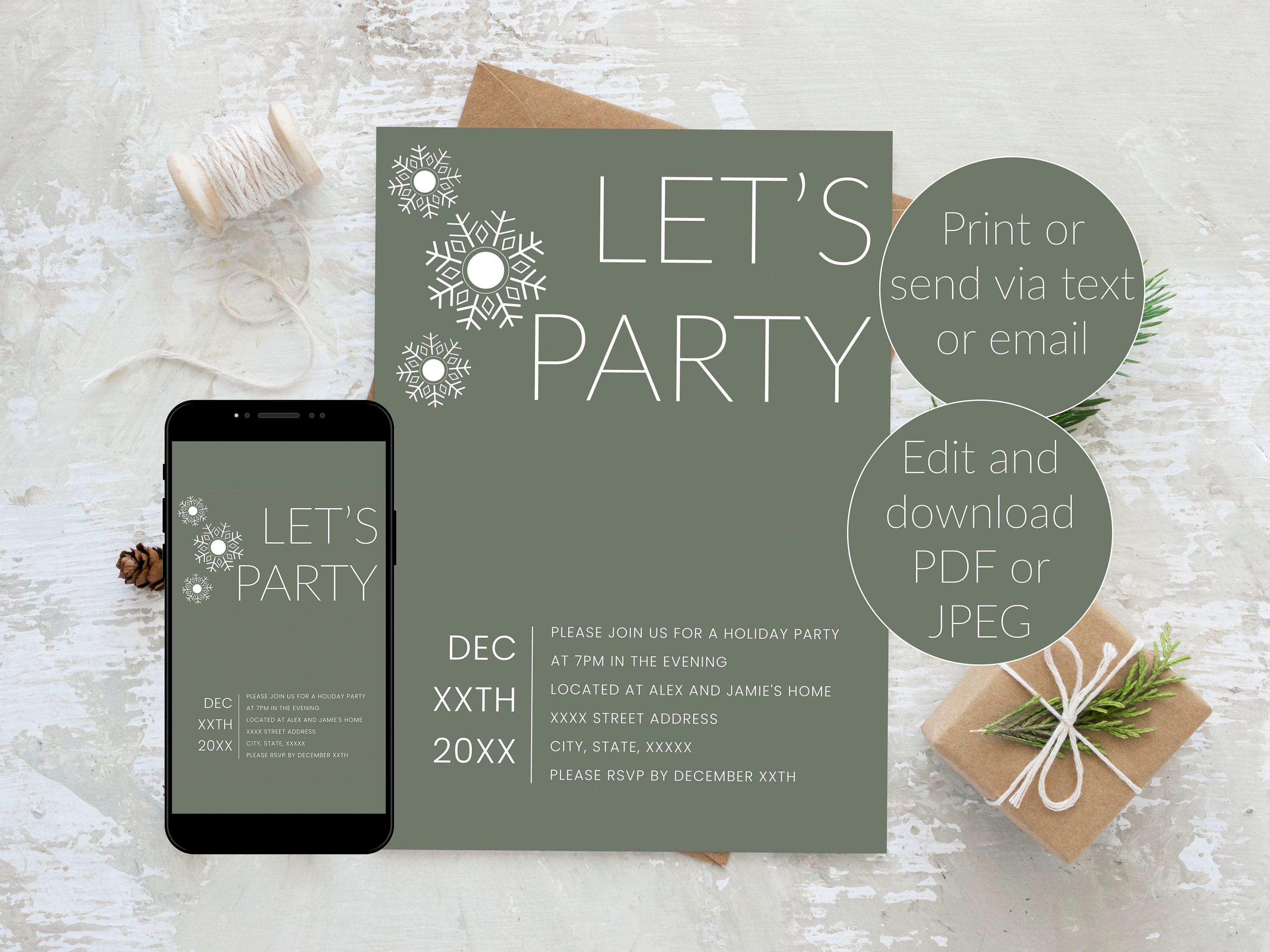 Winter Holiday Party Invitation Template - Green Snowflake (PDF or JPEG ...