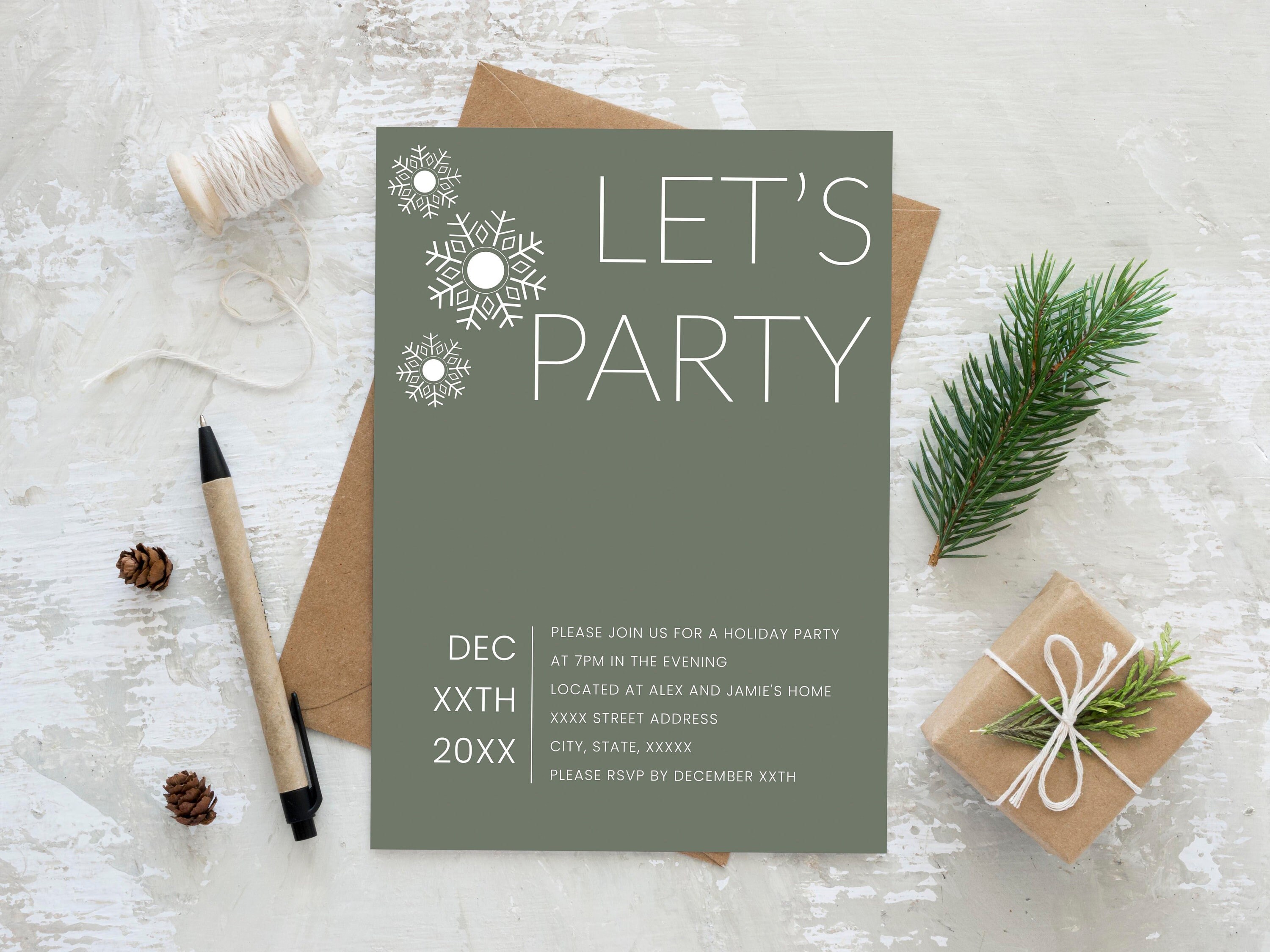 Winter Holiday Party Invitation Template - Green Snowflake (PDF or JPEG ...