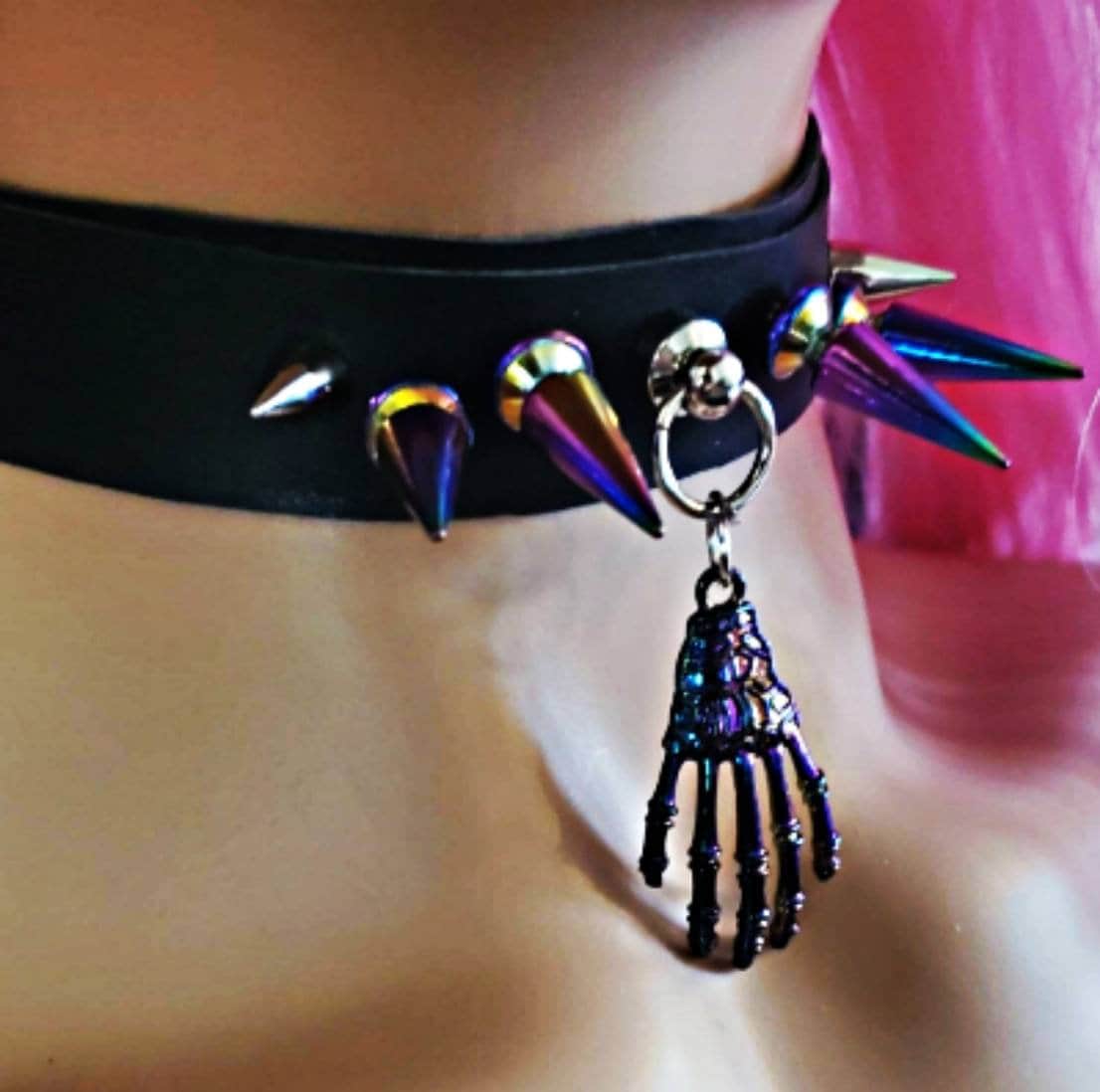 Rainbow Spike and Skeleton Hand Choker. - Etsy