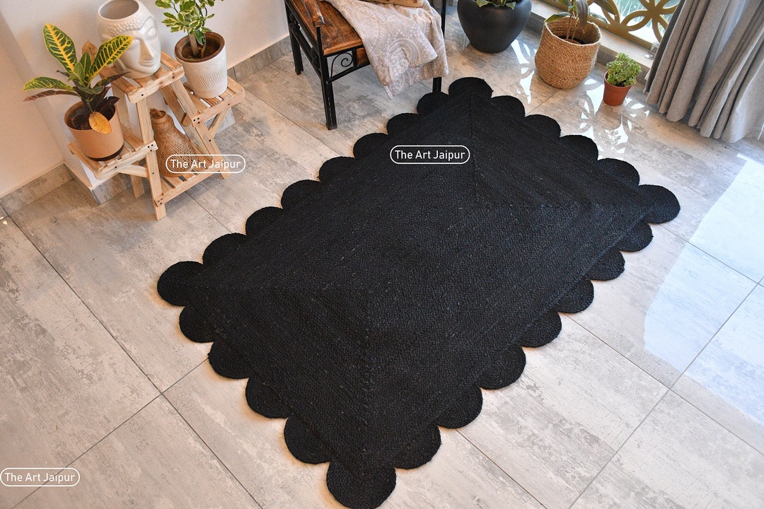Elegant Black Scalloped Edge Rug - Handmade Jute Area Rug for Living ...