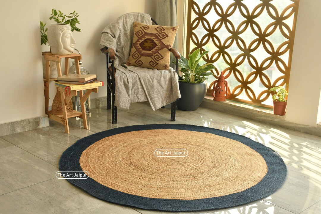 Natural Jute Round Rug, Natural Fiber Rug, Black Border Rug, Handwoven ...